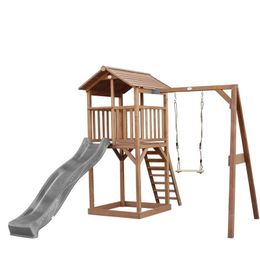 Beach Tower Spielturm aus Holz in Braun Spielhaus für Kinder mit grauer Rutsche, Schaukel und Sandkasten Stelzenhaus für den Garten - Braun - AXI