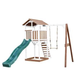 AXI Beach Tower Spielturm aus Holz in Braun & Weiß Spielhaus für Kinder mit grüner Rutsche, Schaukel und Sandkasten Stelzenhaus für den Garten - Braun
