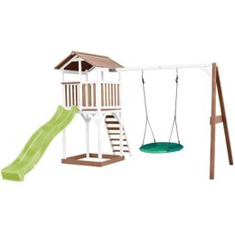 AXI Beach Tower Spielturm aus Holz in Braun & Weiß Spielhaus für Kinder mit hellgrüner Rutsche, Summer Summer Nestschaukel und Sandkasten Stelzenhaus für
