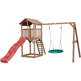 AXI Beach Tower Spielturm aus Holz in Braun Spielhaus für Kinder mit roter Rutsche, Summer Nestschaukel und Sandkasten Stelzenhaus für den Garten - Braun