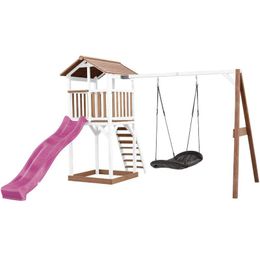 AXI Beach Tower Spielturm aus Holz in Braun & Weiß Spielhaus für Kinder mit lila Rutsche, roxyRoxy Nestschaukel und Sandkasten Stelzenhaus für den Garten