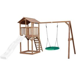 AXI Beach Tower Spielturm aus Holz in Braun Spielhaus für Kinder mit weißer Rutsche, Summer Nestschaukel und Sandkasten Stelzenhaus für den Garten