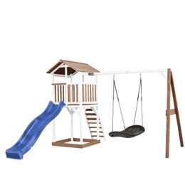 AXI - Beach Tower Spielturm aus Holz in Braun & Weiß Spielhaus für Kinder mit blauer Rutsche, Roxy Nestschaukel und Sandkasten Stelzenhaus für den