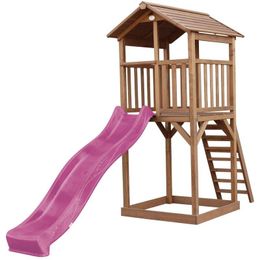 Beach Tower Spielturm aus Holz in Braun Spielhaus für Kinder mit lila Rutsche und Sandkasten Stelzenhaus für den Garten - Braun - AXI