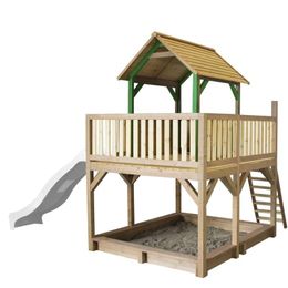 AXI Spielhaus Atka mit Sandkasten & weißer Rutsche Stelzenhaus in Braun & Grün aus FSC Holz für Kinder Spielturm mit Wellenrutsche für den Garten