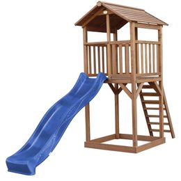 Beach Tower Spielturm aus Holz in Braun Spielhaus für Kinder mit blauer Rutsche und Sandkasten Stelzenhaus für den Garten - Braun - AXI