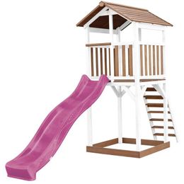 Beach Tower Spielturm aus Holz in Braun & Weiß Spielhaus für Kinder mit lila Rutsche und Sandkasten Stelzenhaus für den Garten - Braun - AXI