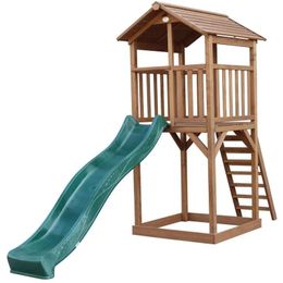 Beach Tower Spielturm aus Holz in Braun Spielhaus für Kinder mit grüner Rutsche und Sandkasten Stelzenhaus für den Garten - Braun - AXI