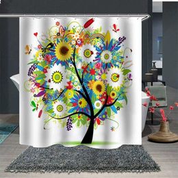 Schimmelbeständiger wasserdichter Duschvorhang aus 100% Polyestergewebe, Badezimmervorhang mit 12 Hakenringen, mehrfarbiges Baum- und Blumenmuster