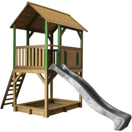 AXI Spielhaus Pumba mit Sandkasten & grauer Rutsche Stelzenhaus in Braun & Grün aus fsc Holz für Kinder Spielturm mit Wellenrutsche für den Garten
