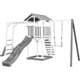 AXI - Beach Tower Spielturm aus Holz in Weiß & Grau Spielhaus für Kinder mit grauer Rutsche, Klettergerüst, Schaukel und Sandkasten Stelzenhaus für