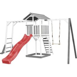 AXI - Beach Tower Spielturm aus Holz in Weiß & Grau Spielhaus für Kinder mit roter Rutsche, Klettergerüst, Schaukel und Sandkasten Stelzenhaus für