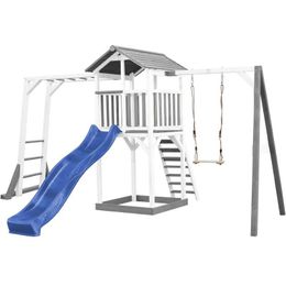 AXI - Beach Tower Spielturm aus Holz in Weiß & Grau Spielhaus für Kinder mit blauer Rutsche, Klettergerüst, Schaukel und Sandkasten Stelzenhaus für