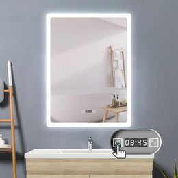 Badspiegel mit Beleuchtung Badezimmerspiegel Wandspiegel Lichtspiegel 60 x 80 cm Beschlagfrei Uhr Kaltweiß Helligkeit Memory Funktion