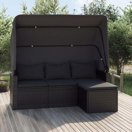 Bonnevie - 3-Sitzer-Gartensofa,Lounge-Sofa mit Dach und Fußhocker Schwarz Poly Rattan vidaXL