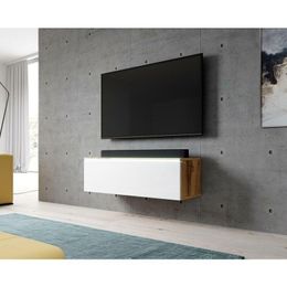 Furnix - tv Lowboard bargo TV-Schrank modern 100 cm mit led Eiche Wotan-Weiß Glanz - Weiß