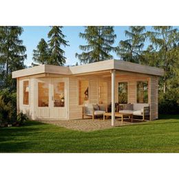 Alpholz 5-Eck Gartenhaus Leelo-40 mit Anbau Gartenhaus aus Holz, Holzhaus mit 40 mm Wandstärke inklusive Schleppdach, Blockbohlenhaus mit Montagematerial