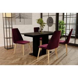 Essgruppe Schwarz matt-Tisch mit 4 Bordeauxrot caros Stühlen für Esszimmer, Küche