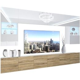 Wohnwand Vollausstattung Wohnzimmer-Set Moderne Schrankwand mit LED-Beleuchtung Anbauwand TV-Schrank Weiß/Sonoma Eiche - Belini