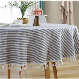 Minkurow - Gestreifte Baumwoll-Leinen-Tischdecke mit Fransen, blaue Streifen, Picknick-Tischdecke, dekorativer Hintergrund, moderner Bezug,