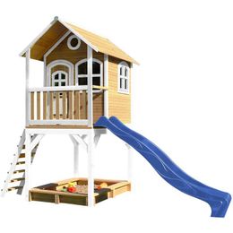 AXI Spielhaus Sarah mit Sandkasten & blauer Rutsche Stelzenhaus in Braun & Weiß aus FSC Holz für Kinder Spielturm mit Wellenrutsche für den Garten