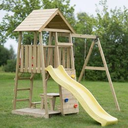 Kinderspielhaus, Kletterturm Pelikan mit Rutsche, Kletterwand, Sitzecke und Schaukel holz / gelb - WENDI TOYS