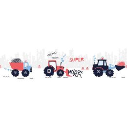 Traktor Tapete als Bordüre für Kinderzimmer Kinder Bordüre selbstklebend mit Trecker Vlies Kindertapete ideal für Jungenzimmer - Red, Blau, Black,
