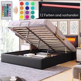 Polsterbett, LED-Bett, 140x200cm, mit Lattenrost und Stauraum, mit beleuchtetem Kopfteil in diversen Farben, Schwarz - Schwarz