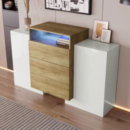 Sideboard mit hochglänzenden Türen und LED-Bleuchtung, Kommode mit drei Schubladen in Wildeiche, Anrichte, Wohnzimmerschrank, Breite 140cm - Merax