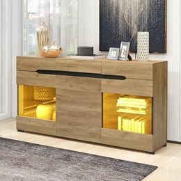 Sideboard Wildeiche Farbe mit led, Anrichte mit Glasablage, Kommde mit 3 Schubladen und 6 Fächern, b/h/t: 140/80/35cm - Merax