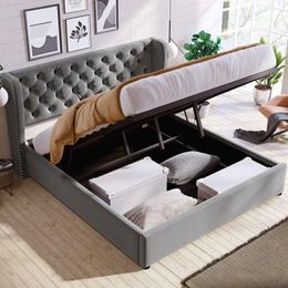 Betten mit Stauraum Hydraulisches Bett 140x200 cm mit Lattenrost Bett für Erwachsene fleckabweisendem Samt Grau - Grau