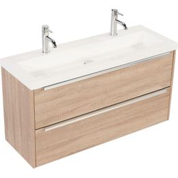 Salto Slimline Badezimmer Badmöbel Set 100x40 cm Vormontiert - mit 2 Armaturen löcher Bardolino Eiche/Griffe Chrom - Bardolino Eiche - Saqu