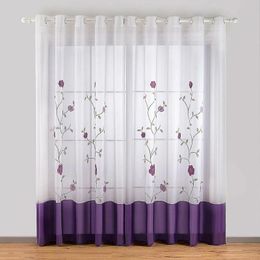 Set mit 2 durchsichtigen Ösenvorhängen mit Blumenstickerei für Schlafzimmer, Küche, Wohnzimmer, 140 cm x 245 cm, Lila - Minkurow