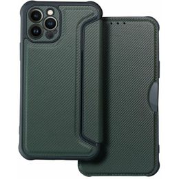 Handy Tasche Razor Buchtasche Hülle Magnet Carbon-Cover Kameraschutz kompatibel mit iPhone 14 Pro Max Blau - Schwarz