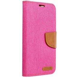 Samsung Elegante Buch-Tasche Hülle Fancy Canvas Book-Style Kartenfächer Wallet Schale kompatibel mit iPhone 12 Rosa - Schwarz