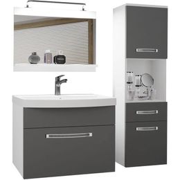 Badezimmer Badmöbel Set Vollausstattung mit Waschbecken Unterschrank Waschtisch Spiegel Lampe Möbel Grau Matt - Belini