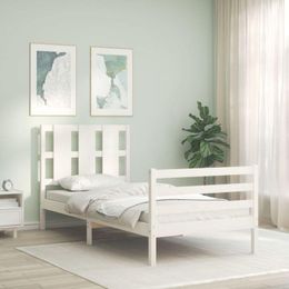 Massivholzbett mit Kopfteil, Einzelbett, Bettrahmen, Schlafzimmerbett Weiß 90x200 cm LLLA151104 MAISONCHIC