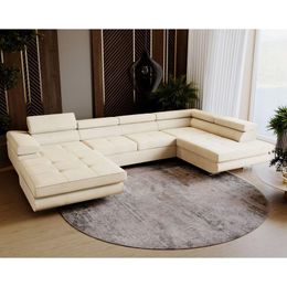 Ecksofa Sorlo u - Sofa 345 cm, Schlaffunktion, verstellbare Kopfstützen, Bettkasten - Eckcouch U-Form - Ottomane rechts freistehend- Samtstoff (Beige