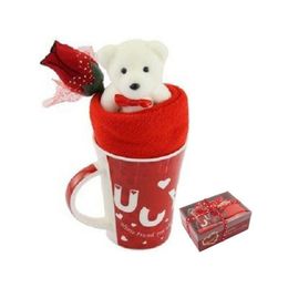 Meditrade GmbH Weisser teddybär becher in plüsch blume geschenk-box für valentinstag 63298