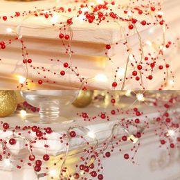 Rote Beeren-Perlengirlande mit LED-Leuchten, Valentinstag, Beerengirlande, Dekorationen für Ostern, Hochzeit oder Mädchenzimmer, batteriebetrieben