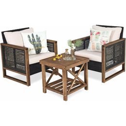 3 tlg. Gartenmöbel Set, Polyrattan Sitzgruppe mit Beistelltisch, Rattanmöbel Lounge Set aus Holz für Terrasse, Balkon & Garten, Braun - Goplus