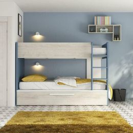 Schlafzimmer mit Etagenbett mit Ausziehbett in Altweiß und Wendeblau