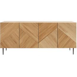 Miliboo Design-Sideboard aus hellem, massiver Eiche mit Gravur und schwarzem Metall, 4 Türen, B180 cm archipel - Eiche hell