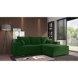 Ecksofa Lora - Ecksofa mit Schlaffunktion & Bettkasten - Ottomane rechts freistehend - Eckcouch, Sofa L-Form - Samtstoff (Grün - Amor Velvet 4311)