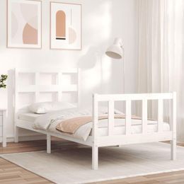 Massivholzbett mit Kopfteil, Einzelbett, Bettrahmen, Schlafzimmerbett Weiß 90x200 cm LLLA656049 MAISONCHIC