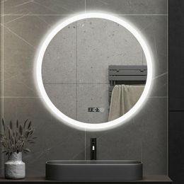 LED Badspiegel 60cm mit Beleuchtung Kaltweiß Rund Badezimmerspiegel Spiegel mit Touch Lichtschalter Uhr Wandspiegel Runder Einfache Badspiegel