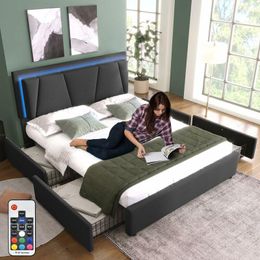 Polsterbett Bett mit Holz Lattenrost, Jugendbett mit Höhenverstellbarem Kopfteil, LED-Beleuchtung und 4 Schubladen, Grau 140x200cm ohne Matratze