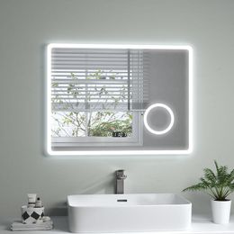 Rechteckiger led Badspiegel Wandspiegel mit Beleuchtung TouchSchalter,3 Lichtfarben,Beschlagfrei,Uhr, 3-fach Vergrößerung - S'afielina