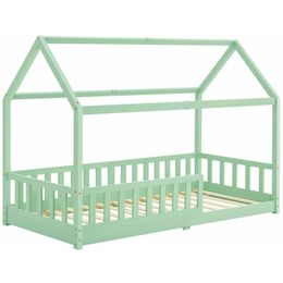 Kinderbett Marli 90 x 200 cm mit Rausfallschutz, Lattenrost und Dach - Massivholz Hausbett für Kinder - Bett in Mint - Juskys