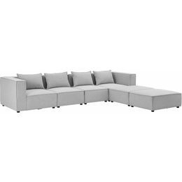 Modulares Sofa Domas xxl - Couch für Wohnzimmer - 2 Ottomanen, Armlehnen & Kissen - Ecksofa Eckcouch Ecke - Wohnlandschaft Stoff Hellgrau - Juskys